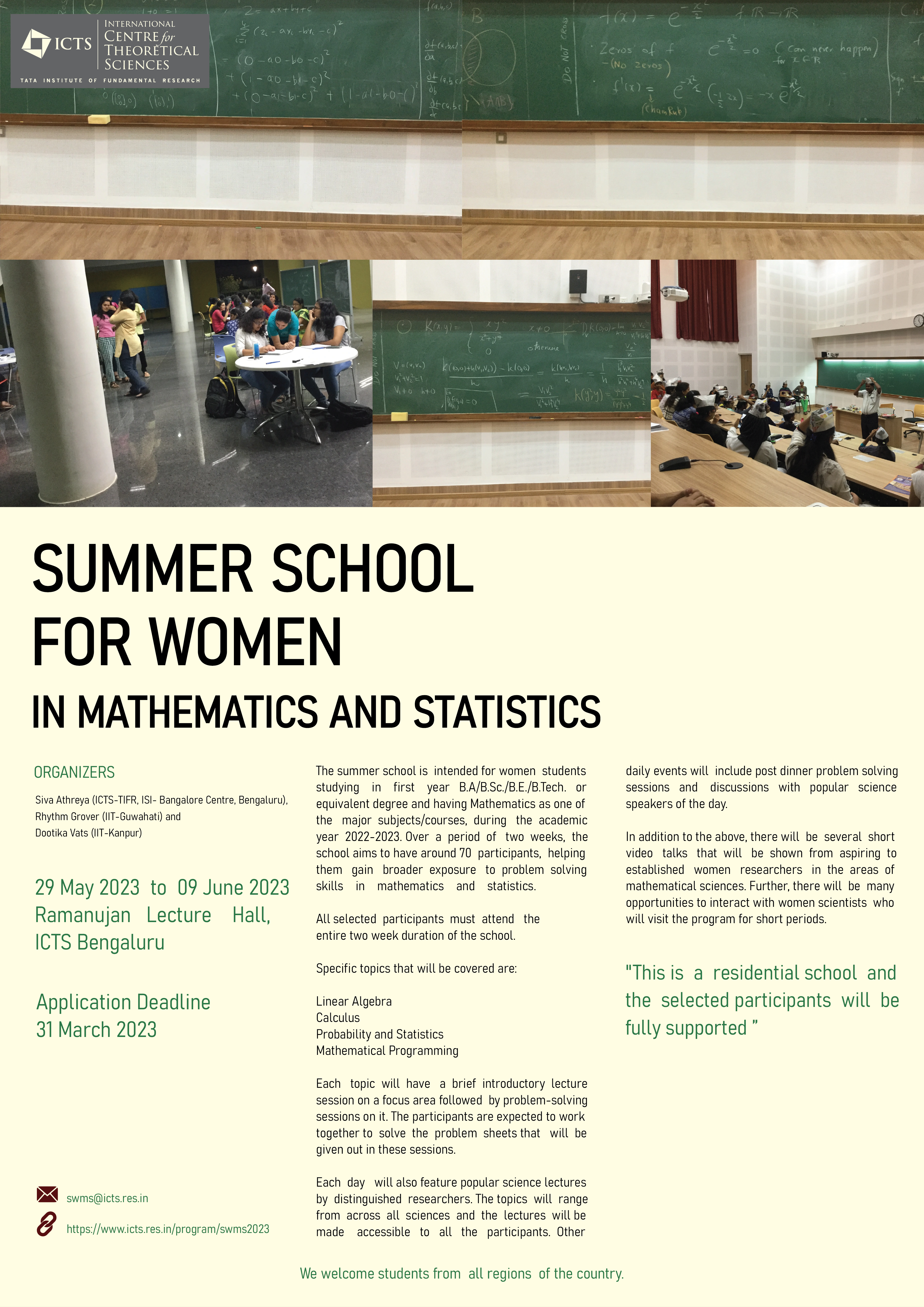 Summer School for Women in Mathematics and Statistics | ICTS